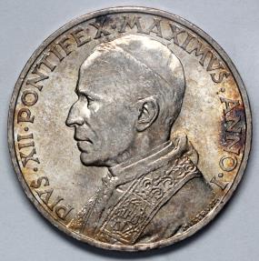 1939 Vatican 5 Lire - Pope Pius XII - BU Silver (Only 100,000 pieces were struck)
