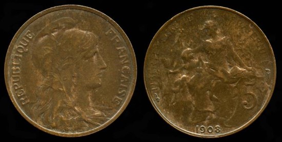 1908 France 5 Centimes UNC | European Coins