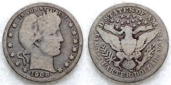 1908 D Barber Quarter - AG - Silver | Quarters