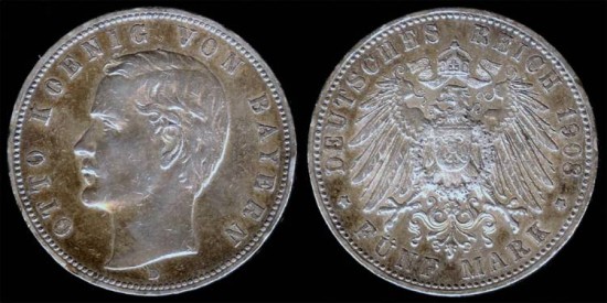 1908 D Bavaria (German State) 5 Mark AU | European Coins