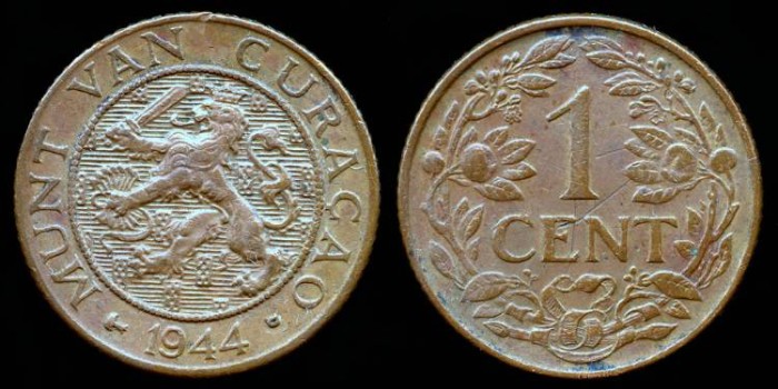 1944 D Curacao 1 Cent AU | South American Coins