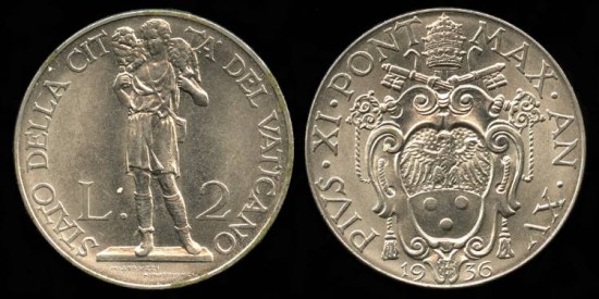 1936 Vatican 2 Lire - Pope Pius XI - BU (Only 40,000 pieces were struck)