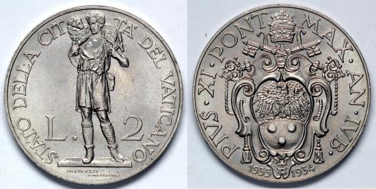 1933 Vatican 2 Lire - Pope Pius XI - 1933-34 Jubilee Year - BU (Only 50,000 pieces were struck)