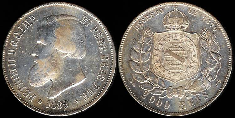 1889 Brazil 2000 Reis - Petrus II - XF Silver | South American Coins
