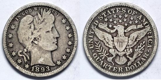 1893 P Liberty Head (Barber) Quarter - F - Silver | Quarters