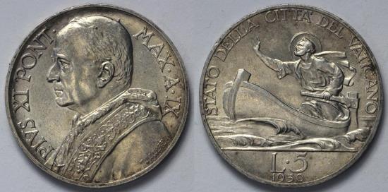 1930 Vatican 5 Lire - Pope Pius XI - St Peter - UNC Silver (Only 50,000 pieces were struck)