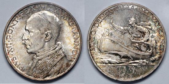 1940 Vatican 5 Lire - Pope Pius XII - BU Silver (Only 100,000 pieces were struck)