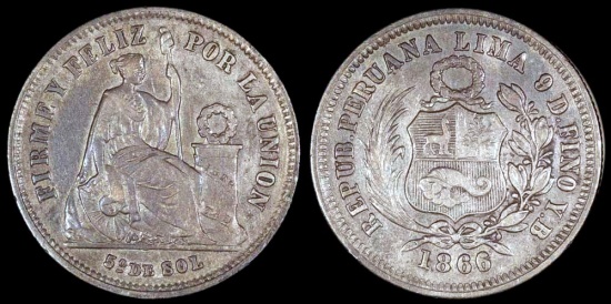 1866 YB Peru 1/5 Sol - 1866/5 Overdate - XF | South American Coins