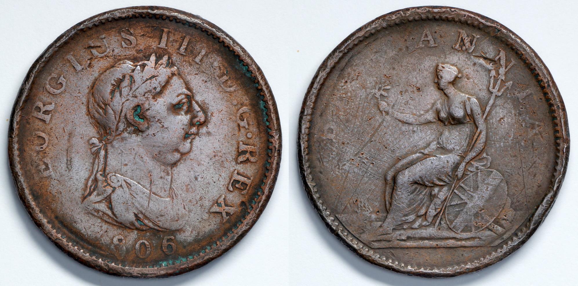 1806 Great Britain 1 Penny - George III - F Copper | European Coins