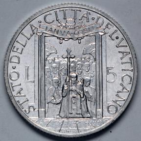 1950 Vatican 5 Lire - Pope Pius XII - Holy Year - BU (Only 50,000 pieces were struck)