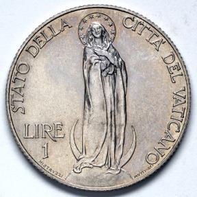 1929 Vatican 1 Lira - Pope Pius XI - BU (Only 10,000 pieces were struck)