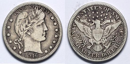 1916 P Liberty Head (Barber) Quarter - VF - Silver | Quarters