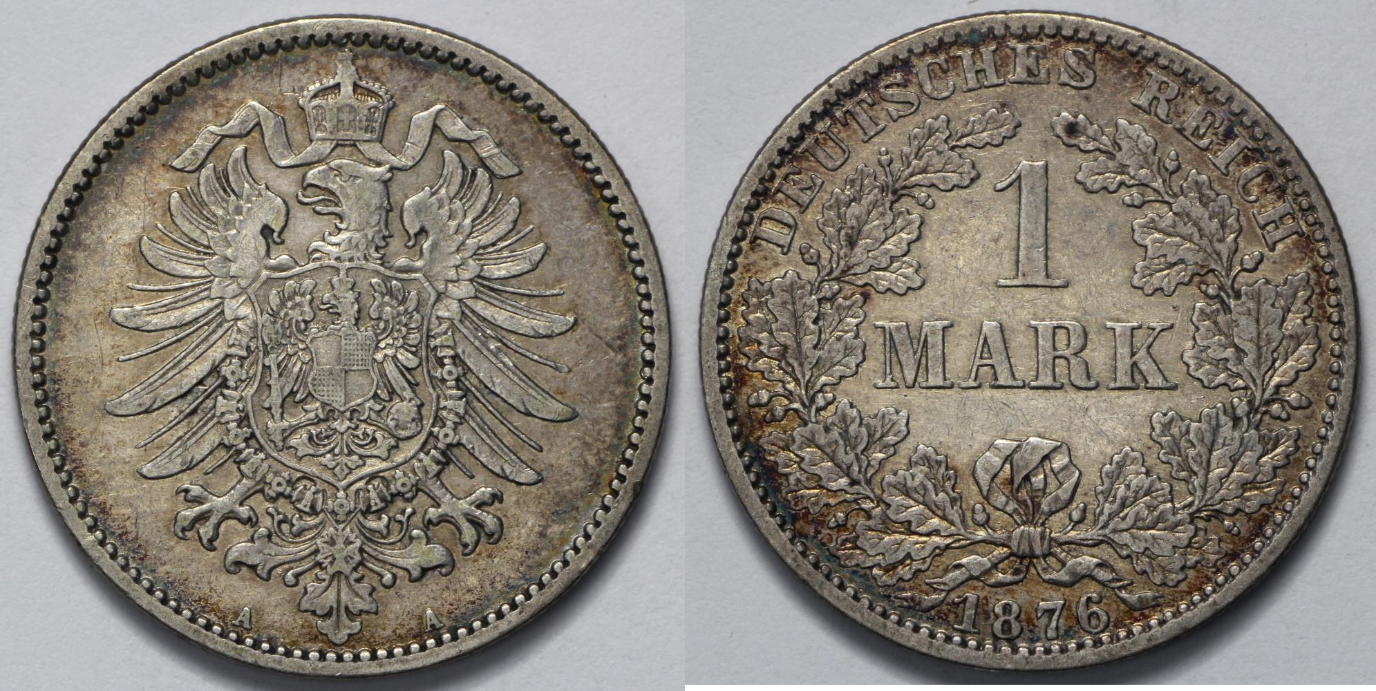 1876 A Germany 1 Mark - Empire - Wilhelm I - AU Silver | European Coins