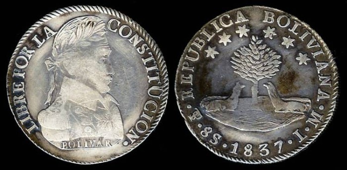 1837 LM-PTS Bolivia 8 Soles - Simon Bolivar - VF | South American Coins