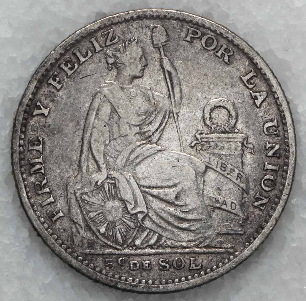 1898 JF Peru 1/5 Sol - Standard Coinage - XF Silver | South American Coins