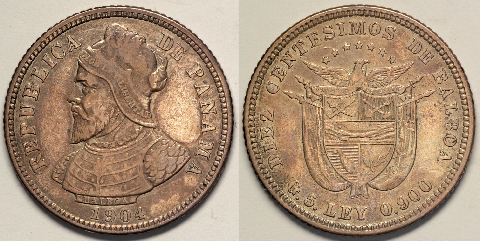 1904 Panama 10 Centesimos - Vasco Nunez de Balboa - XF Silver