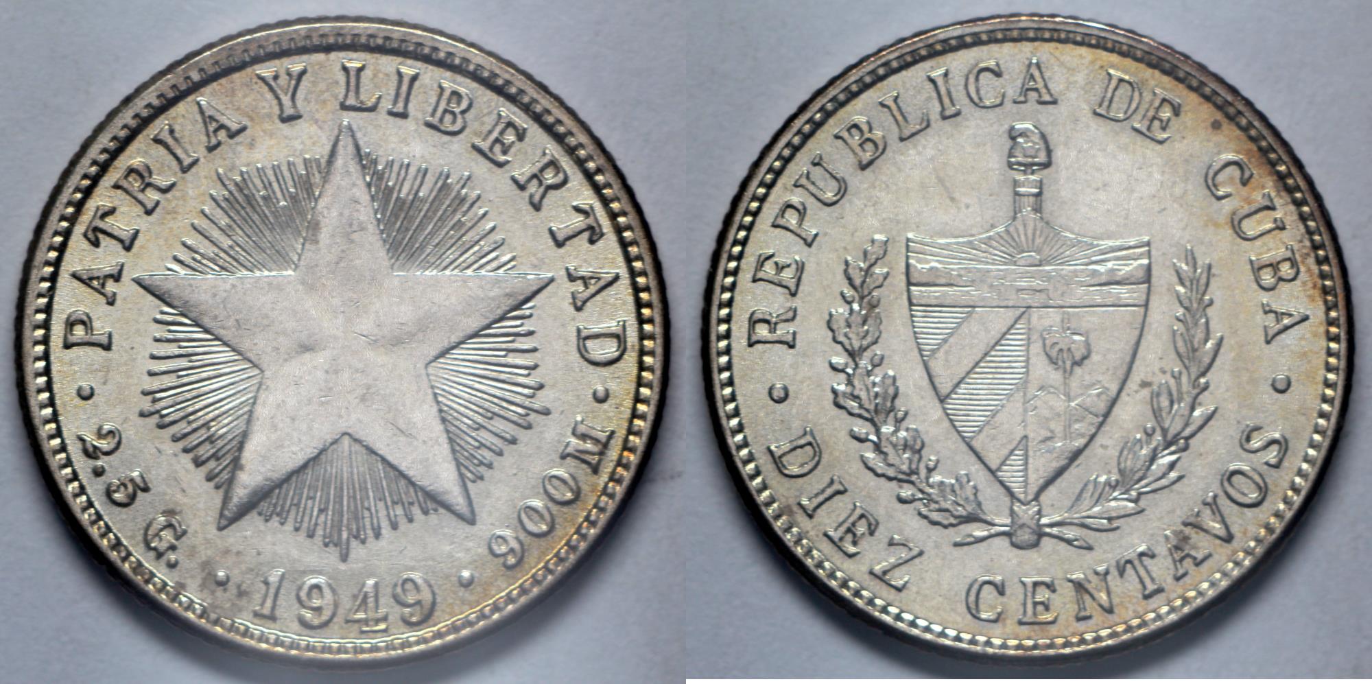 1949 Cuba 10 Centavos - First Republic - UNC Silver | North & Central ...