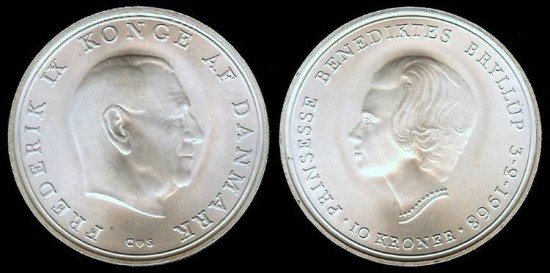 1968 Denmark 10 Kroner - Frederik IX - Wedding of Princess Benedikte - Silver Commemorative - BU