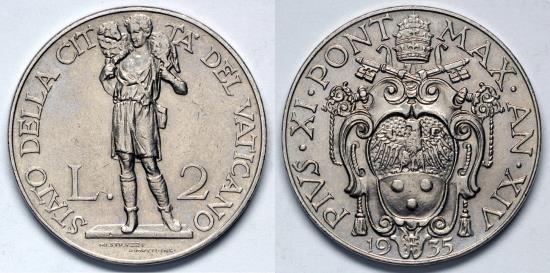 1935 Vatican 2 Lire - Pope Pius XI - BU (Only 70,000 pieces were struck)