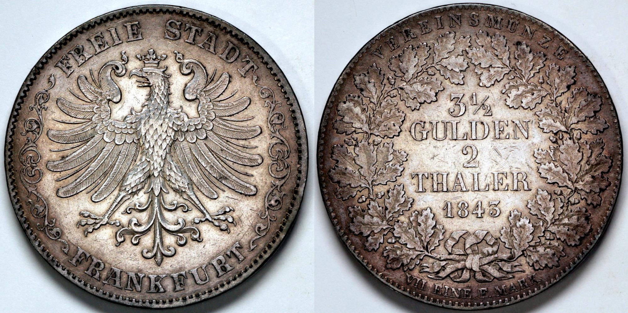 1843 Frankfurt 2 Thaler (3-1/2 Gulden) AU Silver (Small Mintage)
