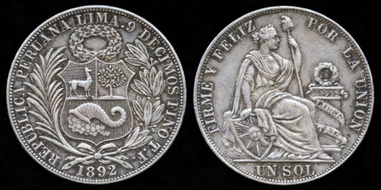 1892 TF Peru 1 Sol AU | South American Coins