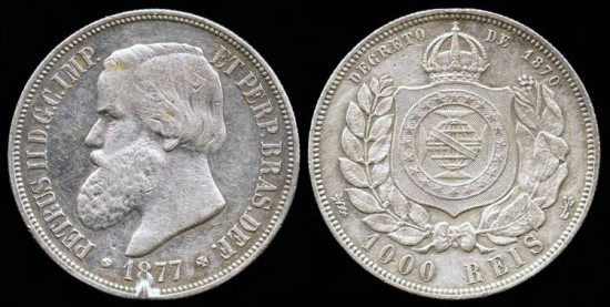 1877 Brazil 1000 Reis - Pedro II - XF Silver (Tiny Mintage) | South ...