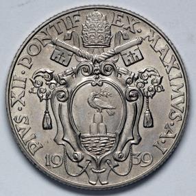 1939 Vatican 1 Lira - Pope Pius XII - BU (Only 70,000 pieces were struck)
