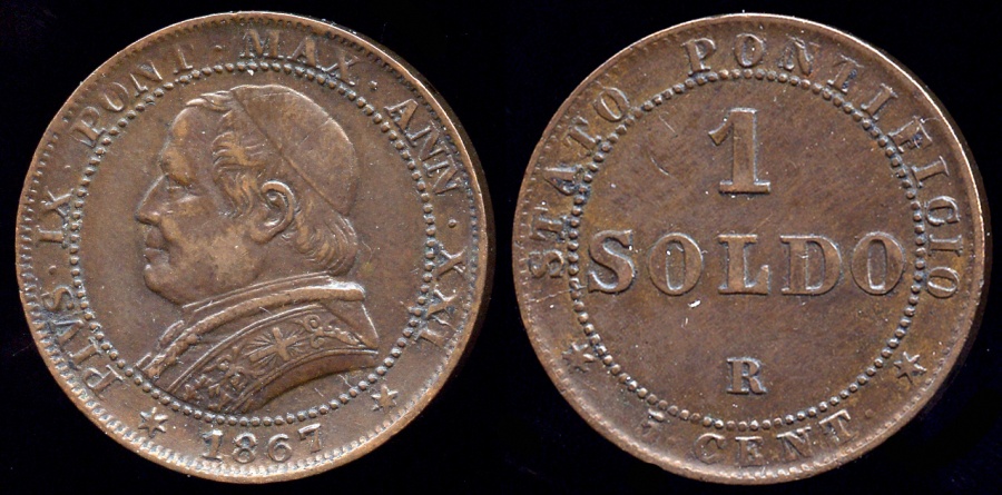 1867 R Vatican 1 Soldo - Pius IX AU | European Coins