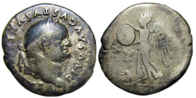 Divus Vespasianus : AR Denarius : Victory Attaching Shield Onto Trophy ...
