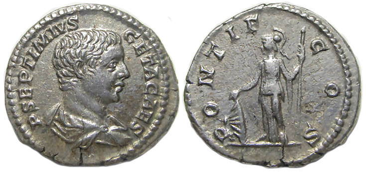 Geta AR Denarius : PONTIF COS : Minerva with Shield and Spear