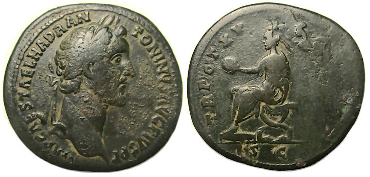 Antoninus Pius Ae Sestertius : Seated Emperor Crowned by Victory