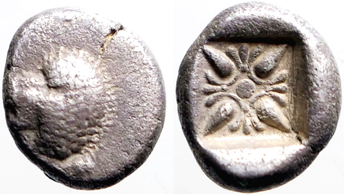Ionia, Miletos AR9 diobol. Lion / incuse Stellate pattern | Greek Coins