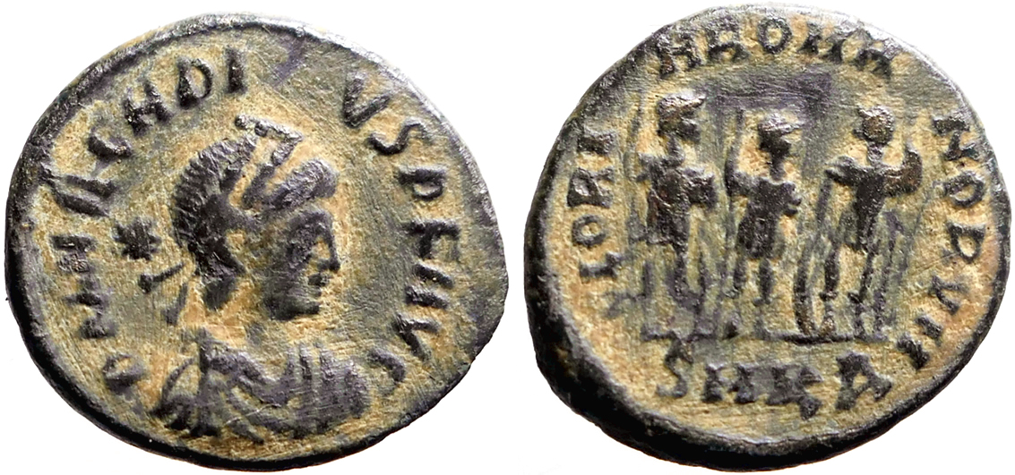 Arcadius AE15 Arcadius, Theodosius and Honorius standing facing, each w ...