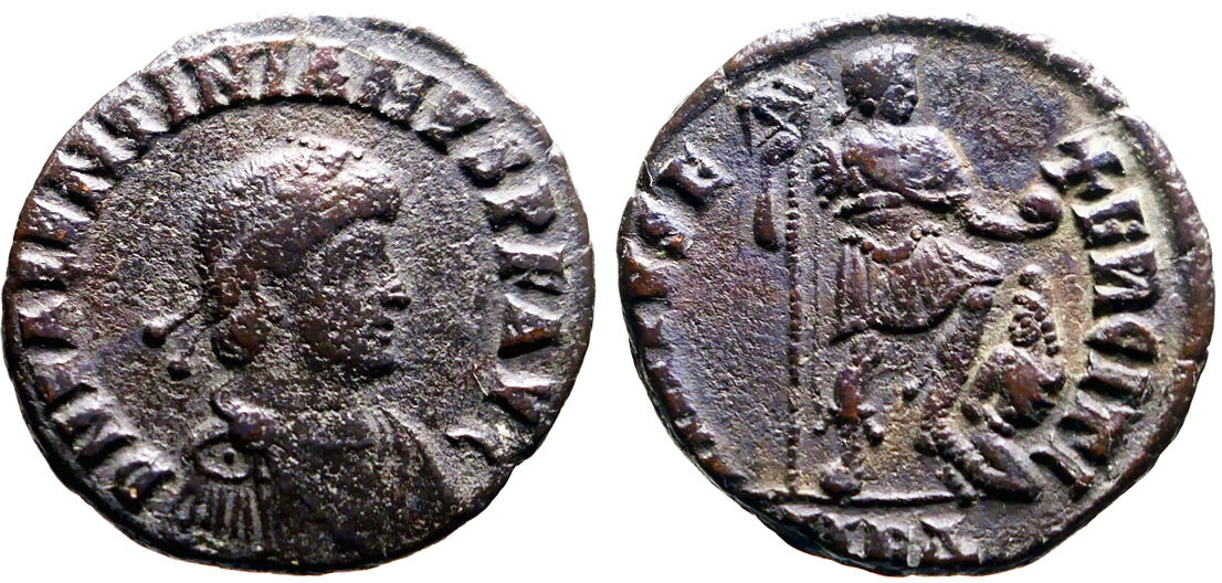 Valentinian II AE23 Emperor w. prisoner | Roman Imperial Coins