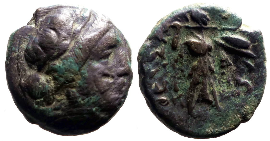 Thessaly, Thessalian League AE19 Apollo / Athena Itonia w. javelin & shield