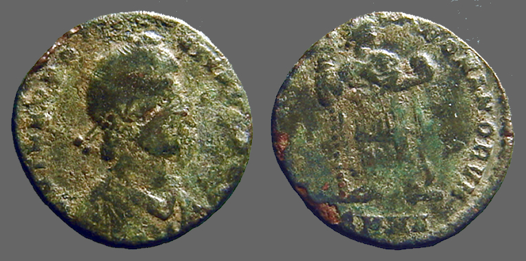 Theodosius I AE2 Emperor stg. holds globe & labarum | Roman Imperial Coins