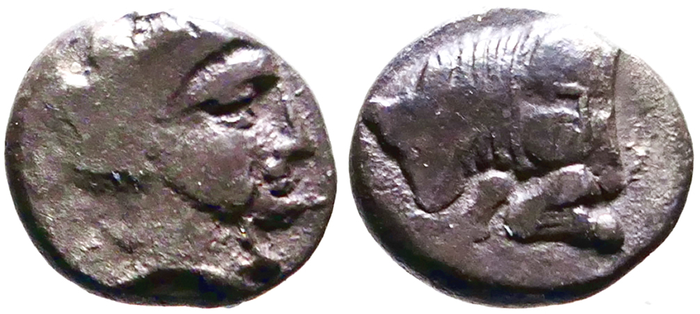 Caria, Mylasa, Hekatomnos. AR11 Diobol. Apollo / Bull | Greek Coins