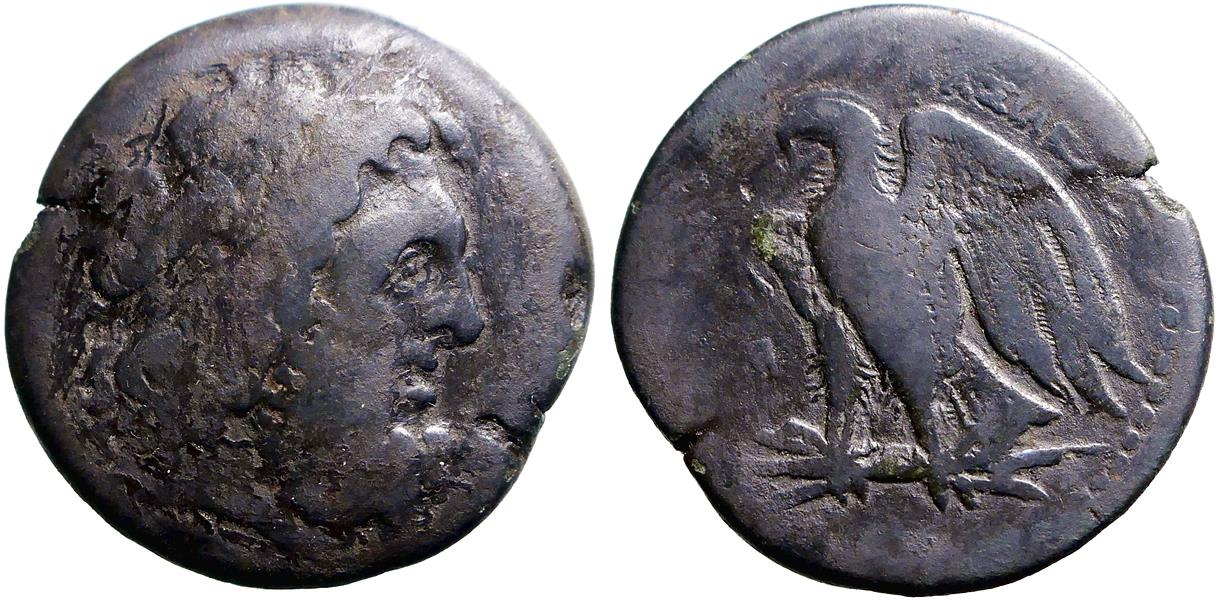 Ptolemy II AE27 Zeus Ammon / Eagle, left on thunderbolt, with open wings