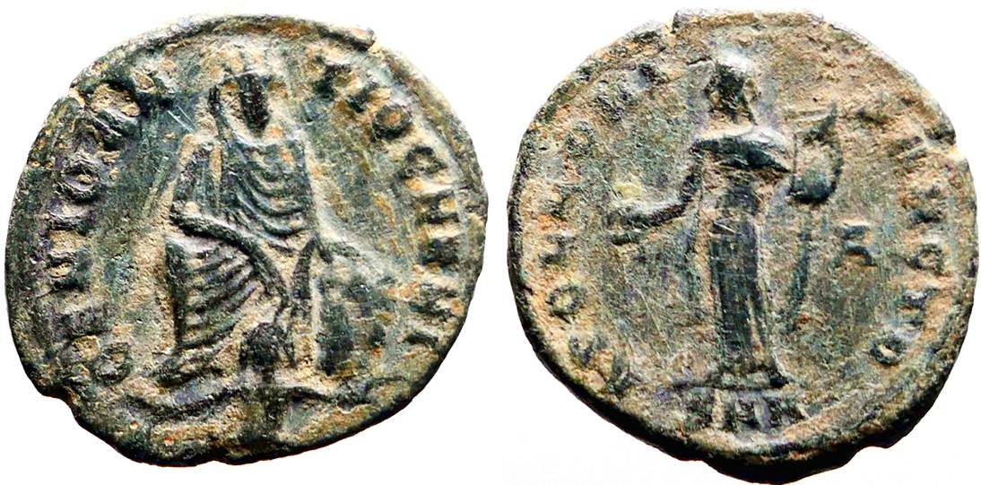 Maximinus II AE18 Quarter Nummus. Antioch. Tyche & River God Orontes ...