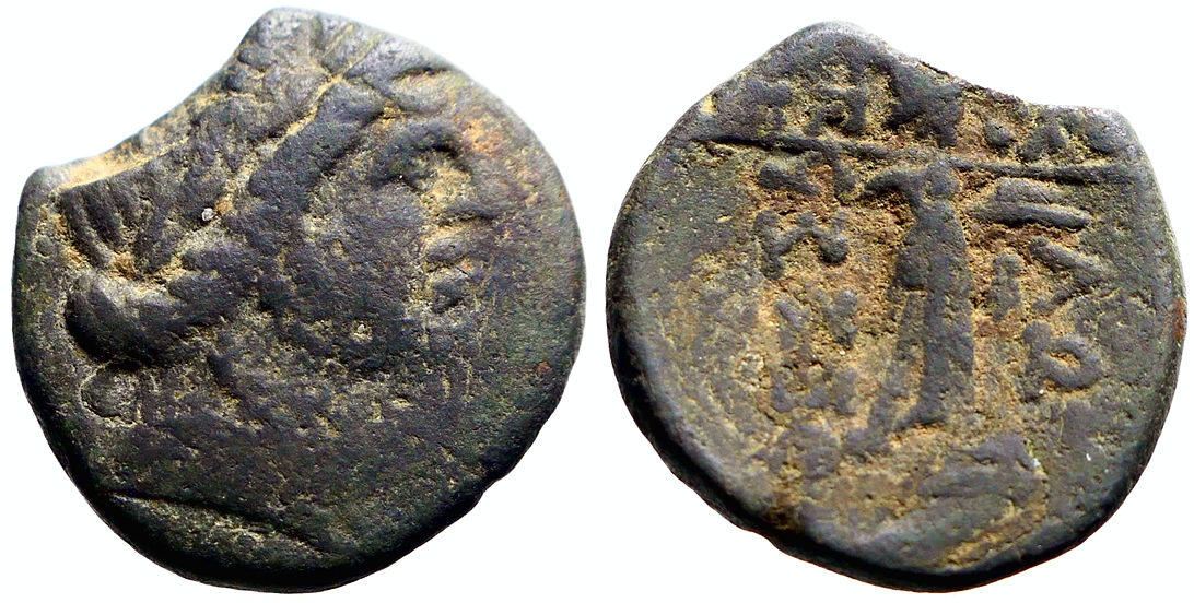 Thessaly, Thessalian League AE20 Apollo / Athena Itonia w. javelin & shield