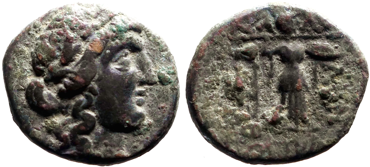 Thessaly, Thessalian League AE19 Apollo / Athena Itonia w. javelin & shield