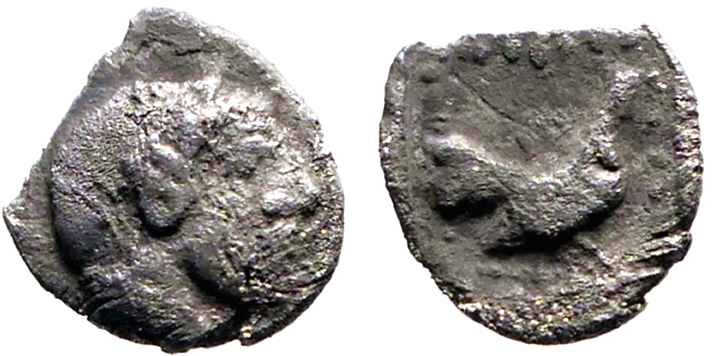 Methymna, Lesbos AR7 Tritemorion. Silenos right / Cock | Greek Coins