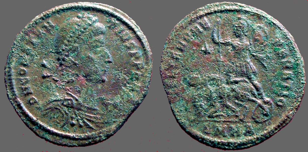 Constantius II AE2 Centionalis. Roman Soldier spearing enemy horseman