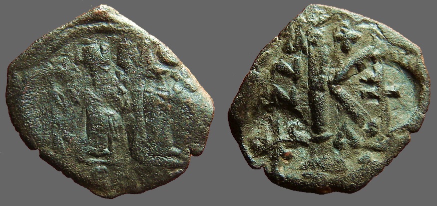 Phocas & Leoentia AE24 1/2 Follis. Roman Eagle counter mark, Abbassid ...