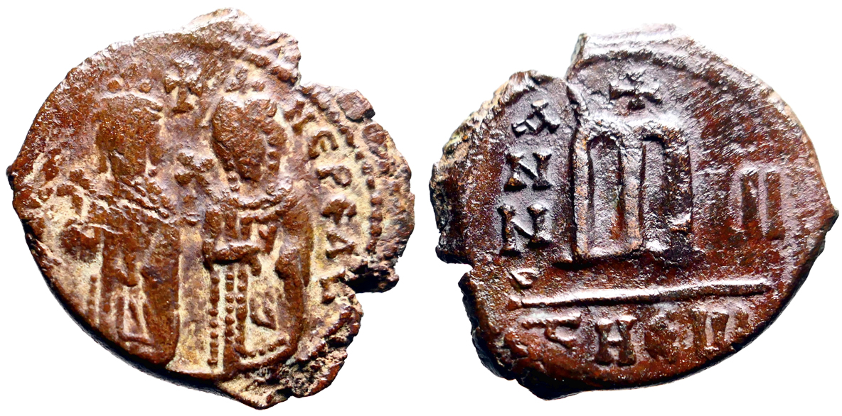 Phocas and Leontia Æ27 Follis. Theoupolis | Byzantine Coins