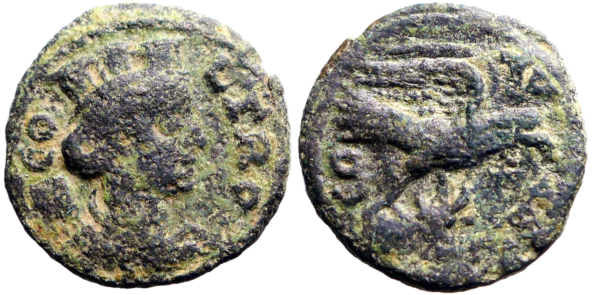 Troas, Alexandria AE22 Pseudo-autonomous. Tyche / Eagle flying w. bull ...