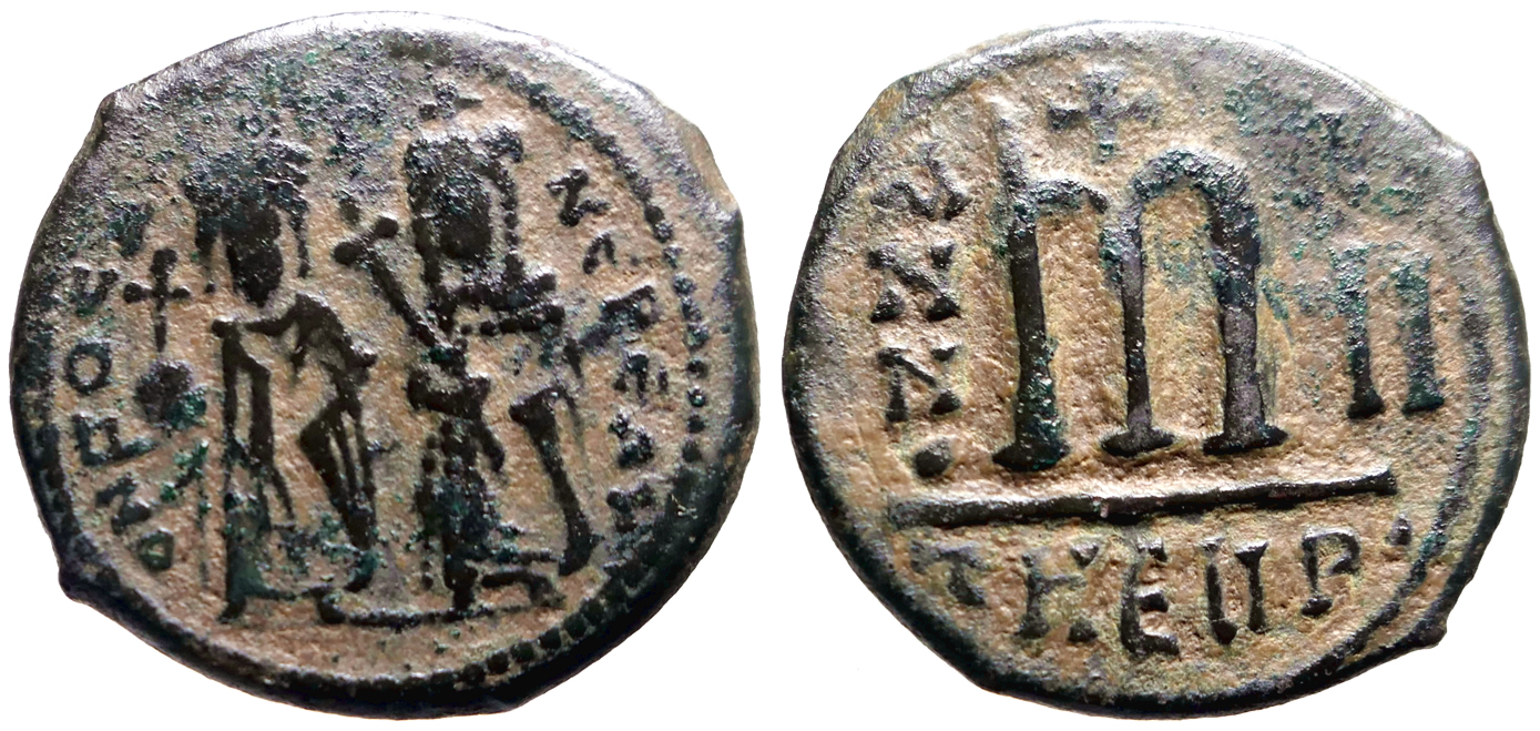 Phocas and Leontia AE25 Follis. Theoupolis year 2 | Byzantine Coins
