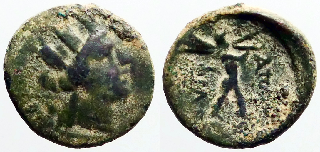 Phrygia, Apameia AE16 Turreted Tyche / Marsyas playing aulos | Greek Coins