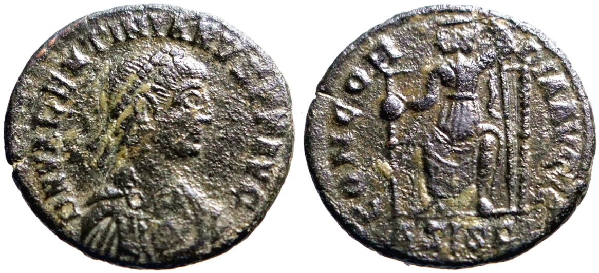 Valentinian II AE16 Constantinopolis seated facing on throne | Roman ...