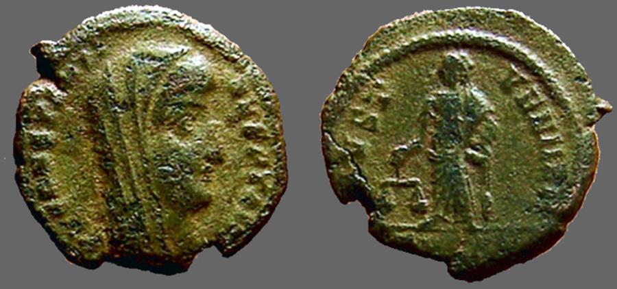 Constantine I, posthumous AE4 Aequitas standing left, holding scales